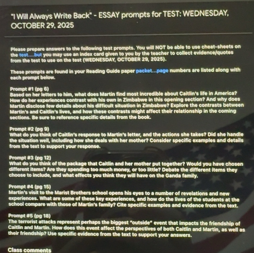 Solved: 'I Will Always Write Back" - ESSAY prompts for TEST: WEDNESDAY ...