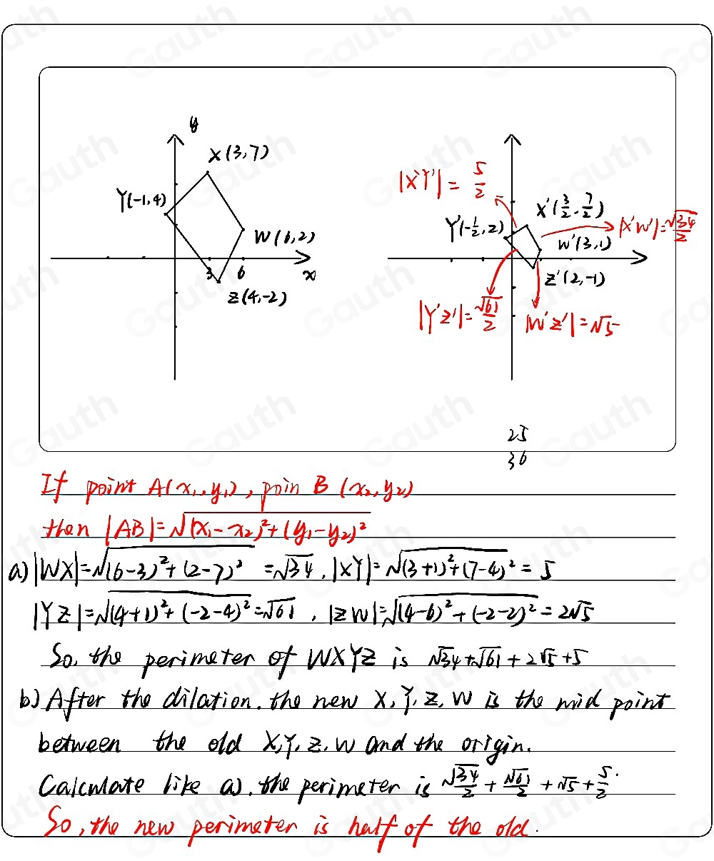 Solved: WXYZ has vertices W(6,2), X(3,7), Y(-1,4) , and Z(4,-2). a. Find the perimeter of WXYZ ...