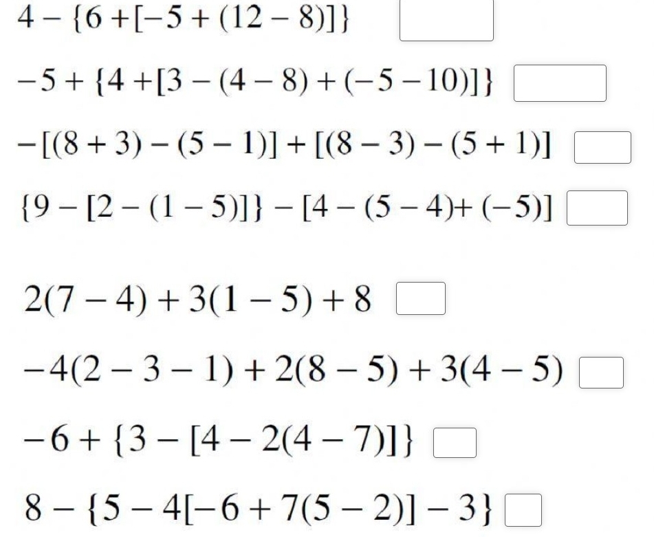 Resuelto:4- 6+[-5+(12-8)] -5+ 4+[3-(4-8)+(-5-10)] -[(8+3)-(5-1)]+[(8-3 ...