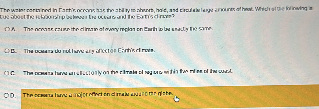 Solved: The water contained in Earth's oceans has the ability to absorb ...