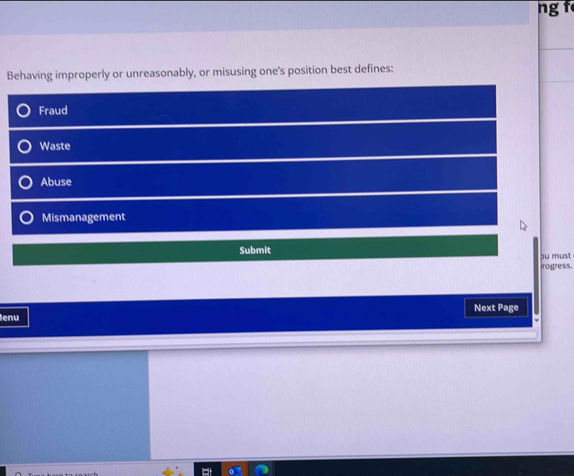 Solved: ng f Behaving improperly or unreasonably, or misusing one’s ...