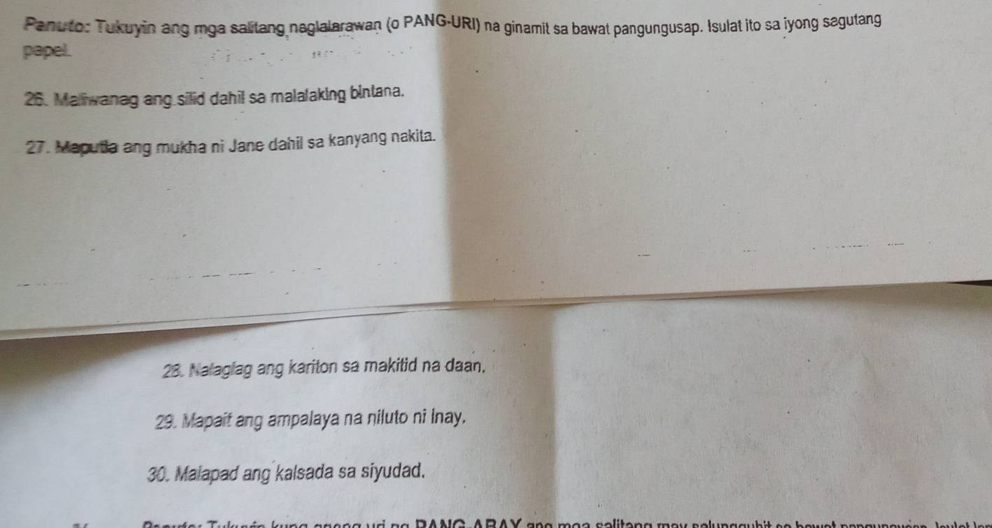 Solved: Panuto: Tukuyin ang mga salitang naglalarawan (o PANG-URI) na ...