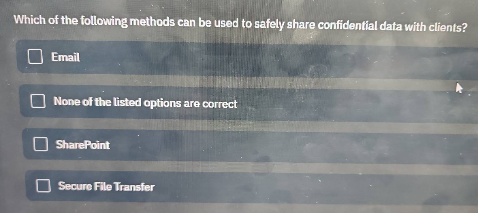Solved: Which of the following methods can be used to safely share ...
