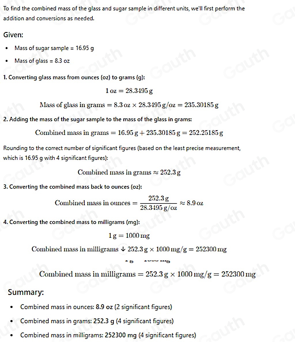 Solved: A 16.95 g sample of sugar was added to a glass with a mass of 8 ...
