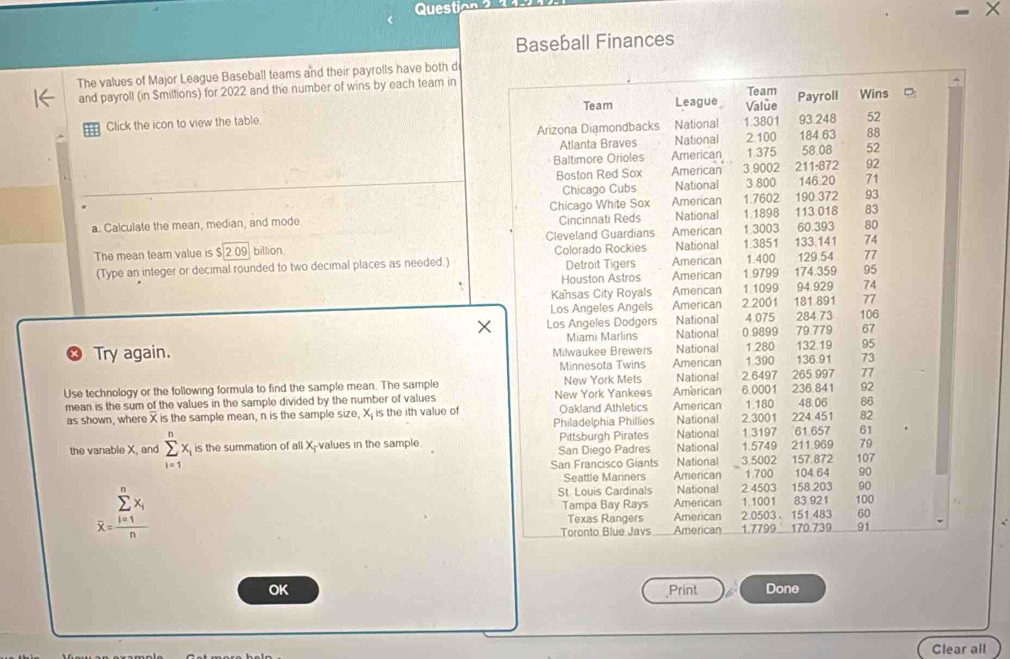 Solved: Question? × Baseball Finances The values of Major League ...