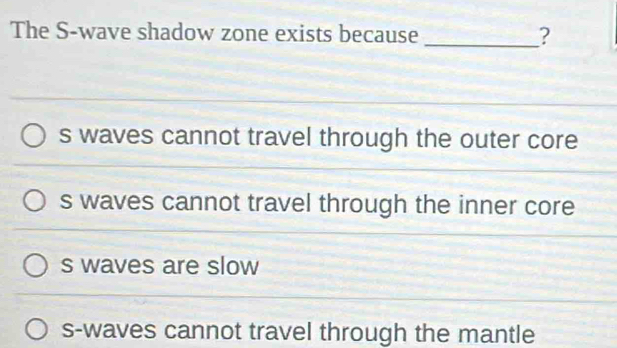 Solved: The S-wave shadow zone exists because _? s waves cannot travel ...