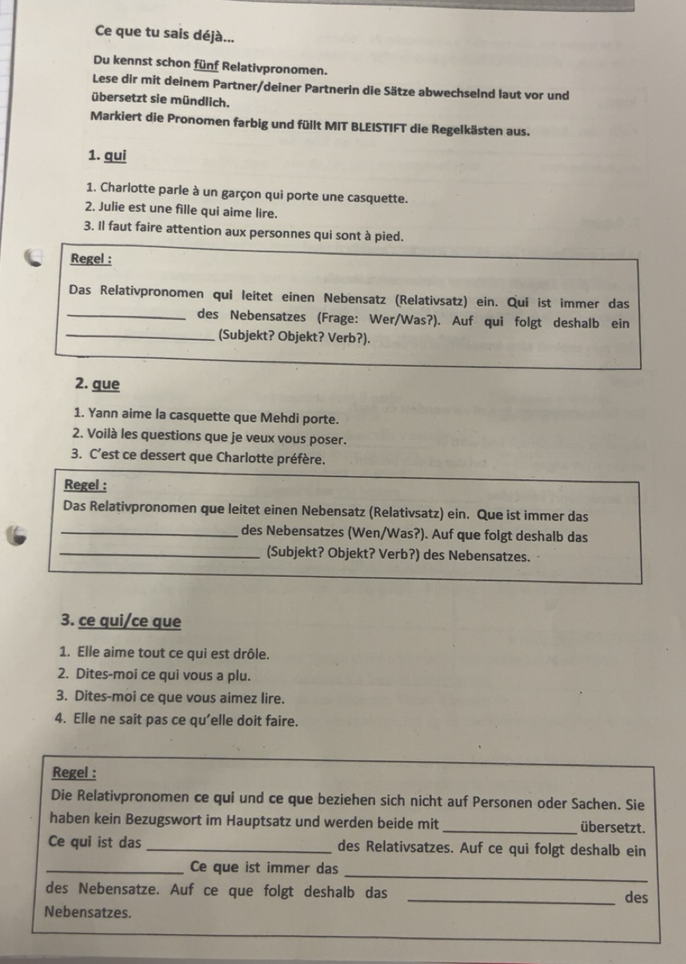 Gelöst:Ce que tu sais déjà... Du kennst schon fünf Relativpronomen ...