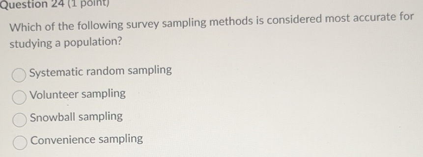 Solved: Which of the following survey sampling methods is considered ...