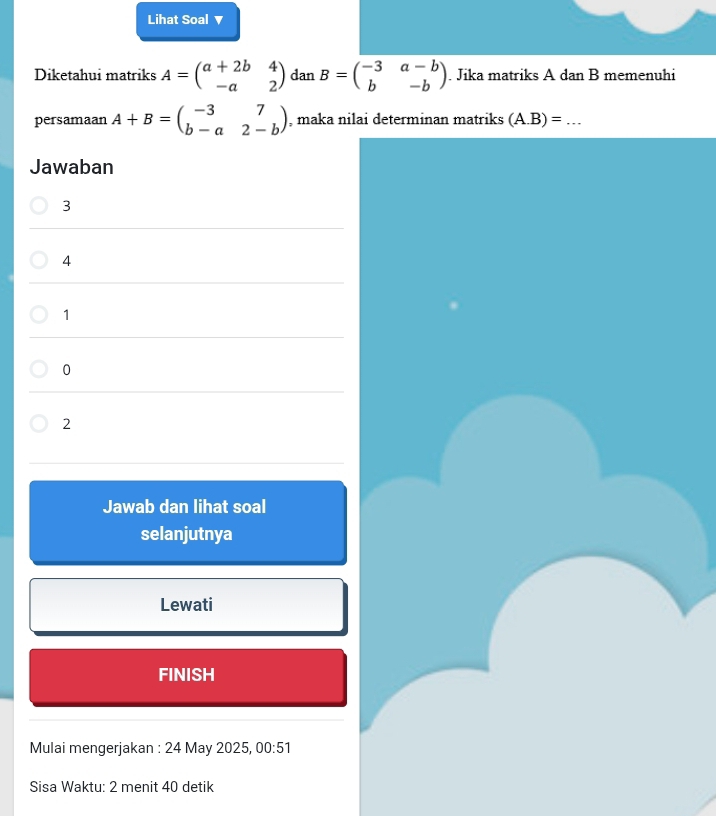 Telah dijawab:Lihat Soal Diketahui matriks A=beginpmatrix a+2b&4 -a ...