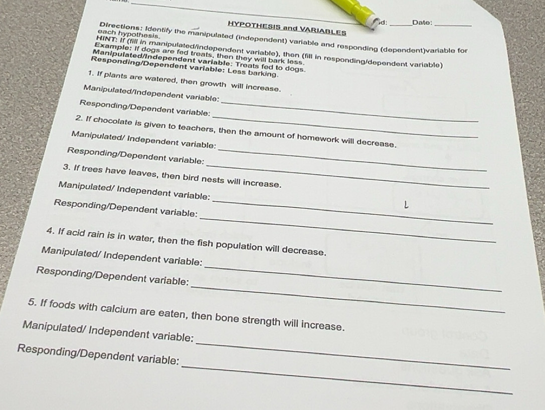 Solved: d: Date: HYPOTHESIS and VARIABLES each hypothesis. Directions ...