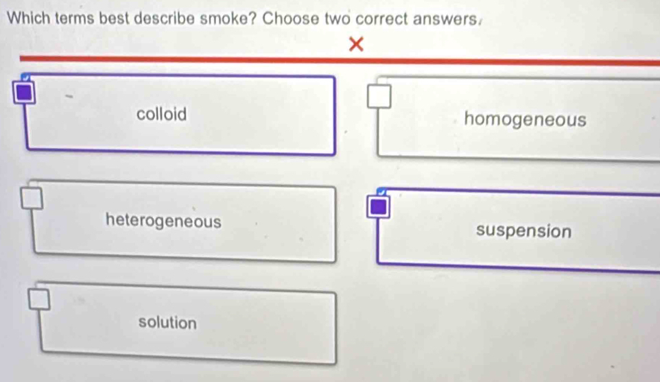 Solved: Which terms best describe smoke? Choose two correct answers. × ...