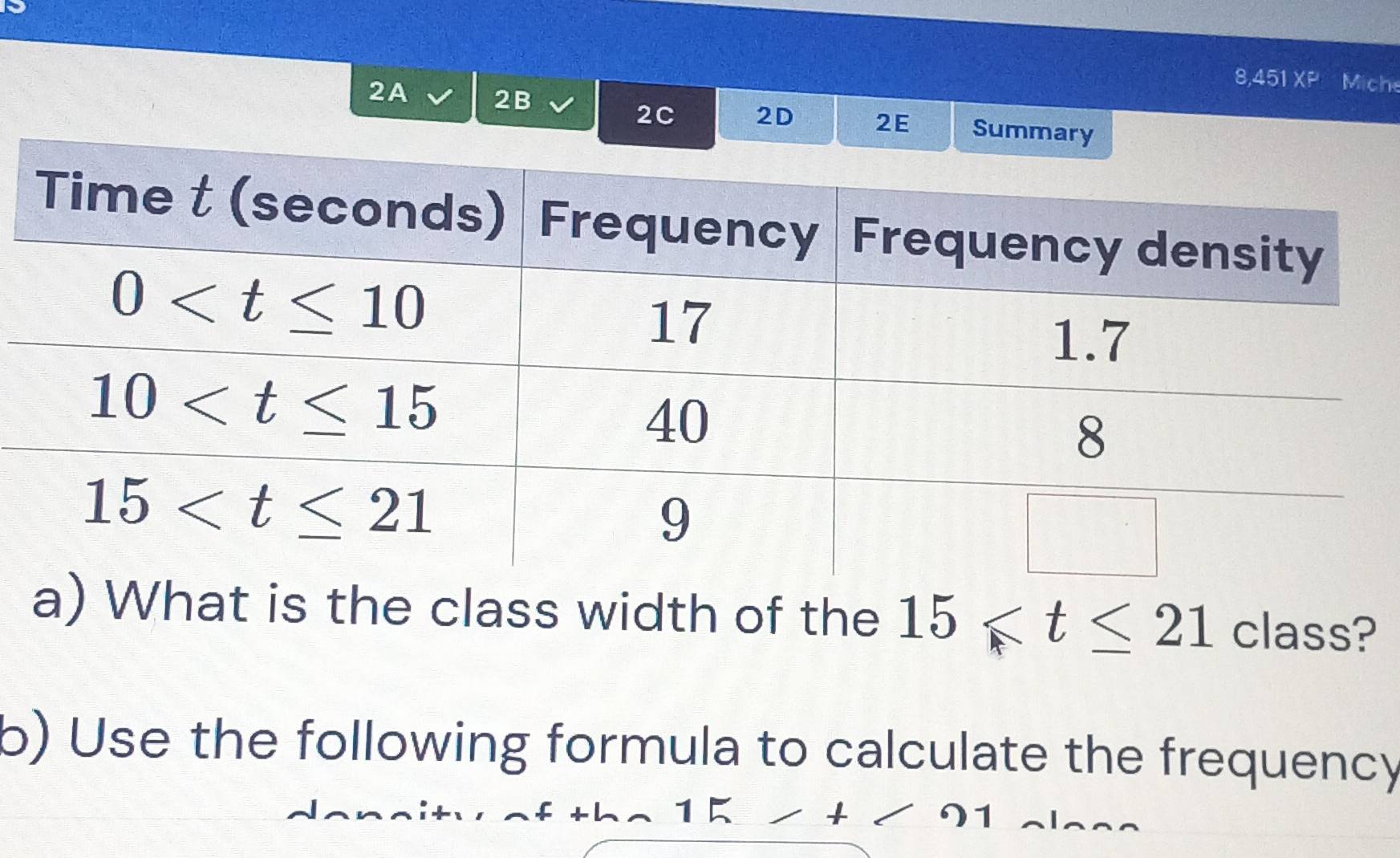 Solved: 8,451 XP Miche 2C 2A 2B 2D 2E Su a) What is the class width of ...