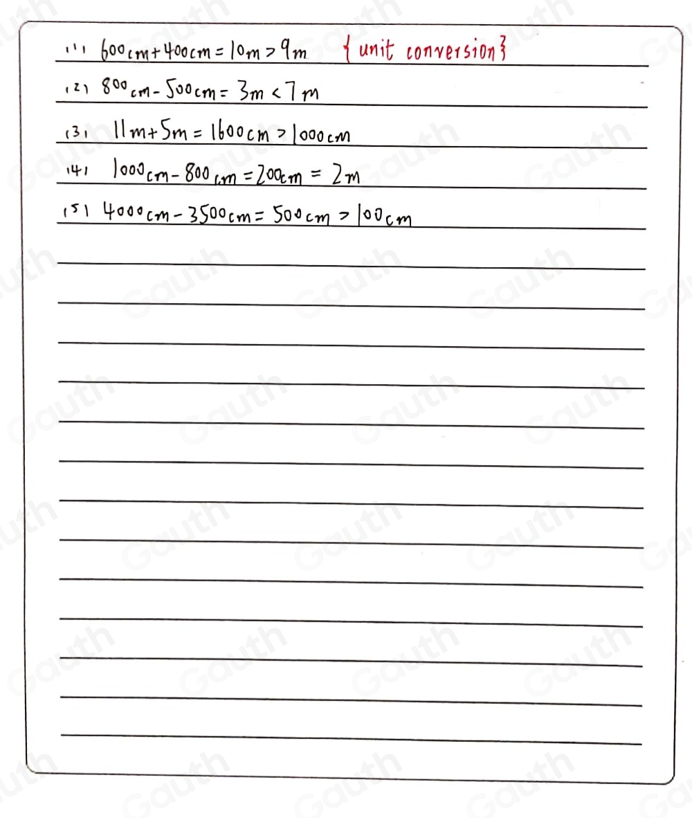 Solved: 9m_ 600cm + 400 cm 2) 800cm-500cm50 7m 3) 11m + 5m_ 1 000 cm 4 ...