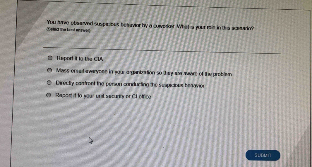 Solved: You have observed suspicious behavior by a coworker. What is ...