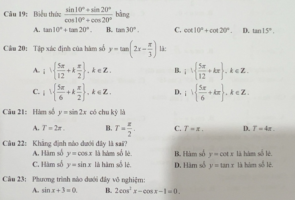 Giải quyết:Biểu thức (sin 10°+sin 20°)/cos 10°+cos 20° bing A. tan 10 ...