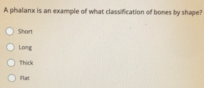 Solved: A phalanx is an example of what classification of bones by ...