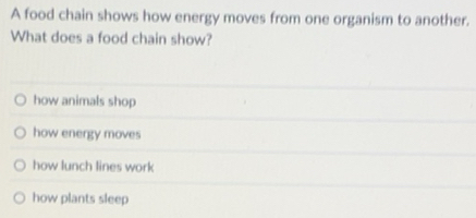 Gelöst:A food chain shows how energy moves from one organism to another ...