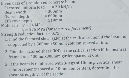 Solved: Given data of a reinforced concrete beam: Factored uniform load =30kN/m Beam width ...