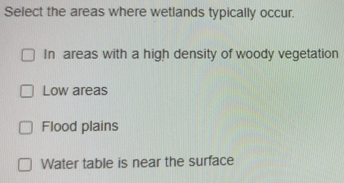 Solved: Select the areas where wetlands typically occur. In areas with ...