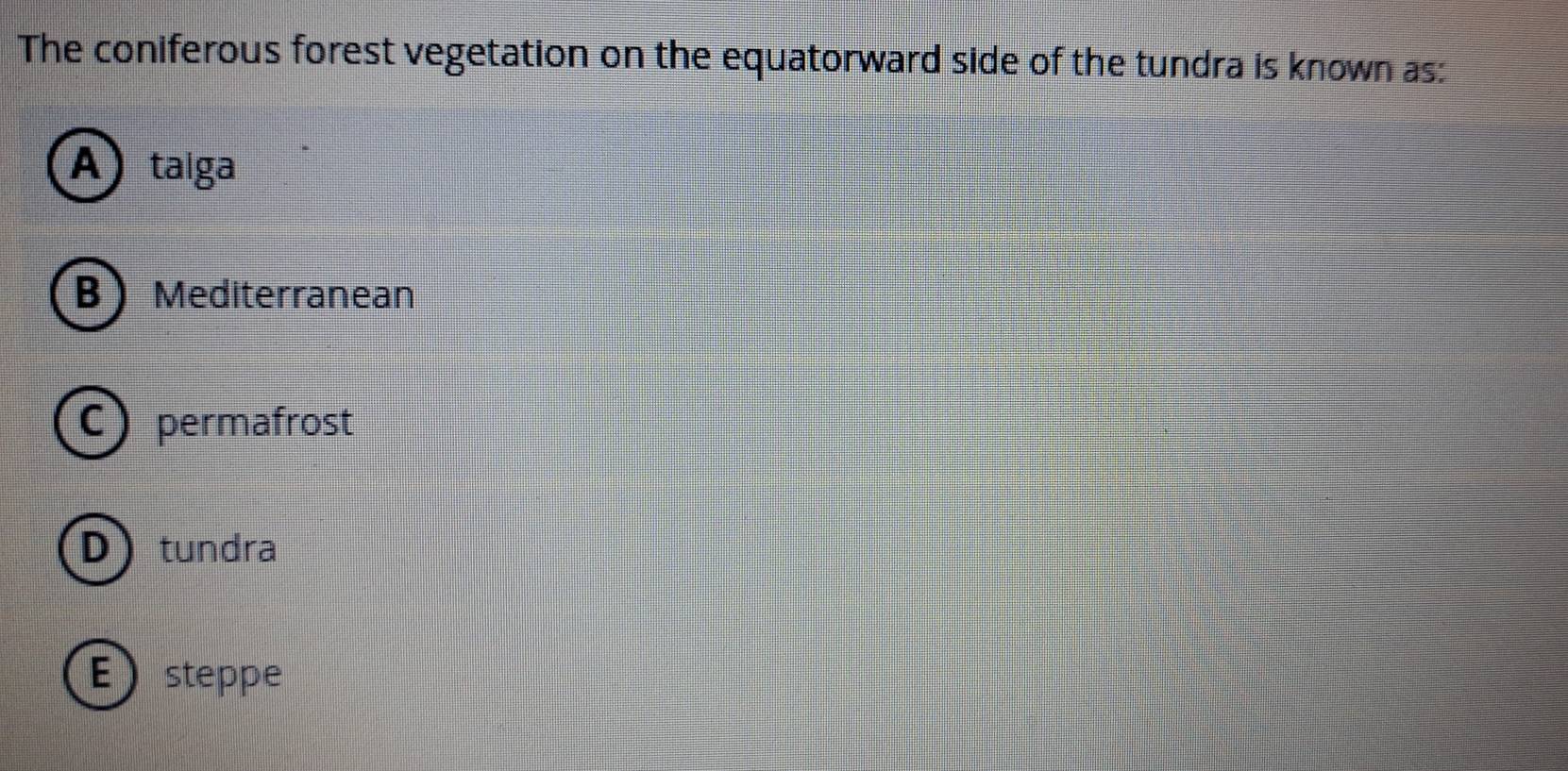Solved: The coniferous forest vegetation on the equatorward side of the ...