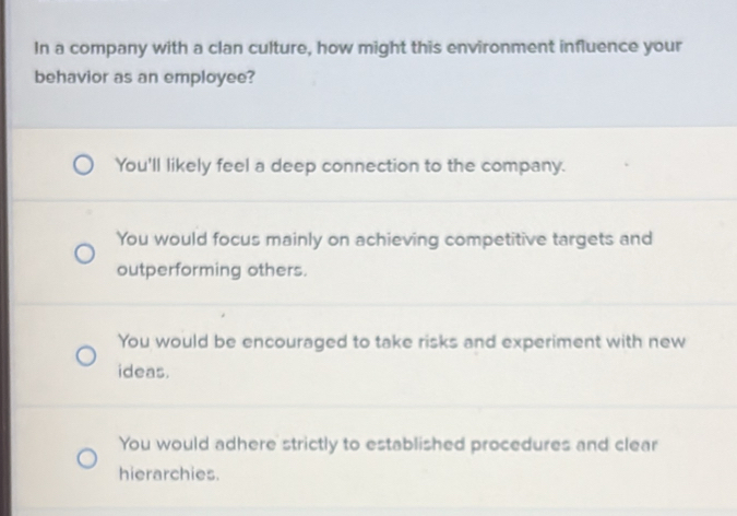 Solved: In a company with a clan culture, how might this environment ...
