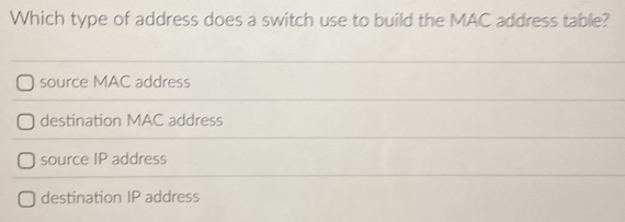 Solved: Which type of address does a switch use to build the MAC address table? source MAC ...