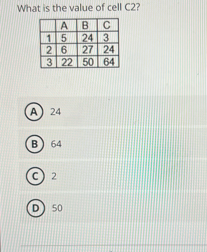 What is the value of cell C2? A 24 B 64 C 2 D 50 [Math]