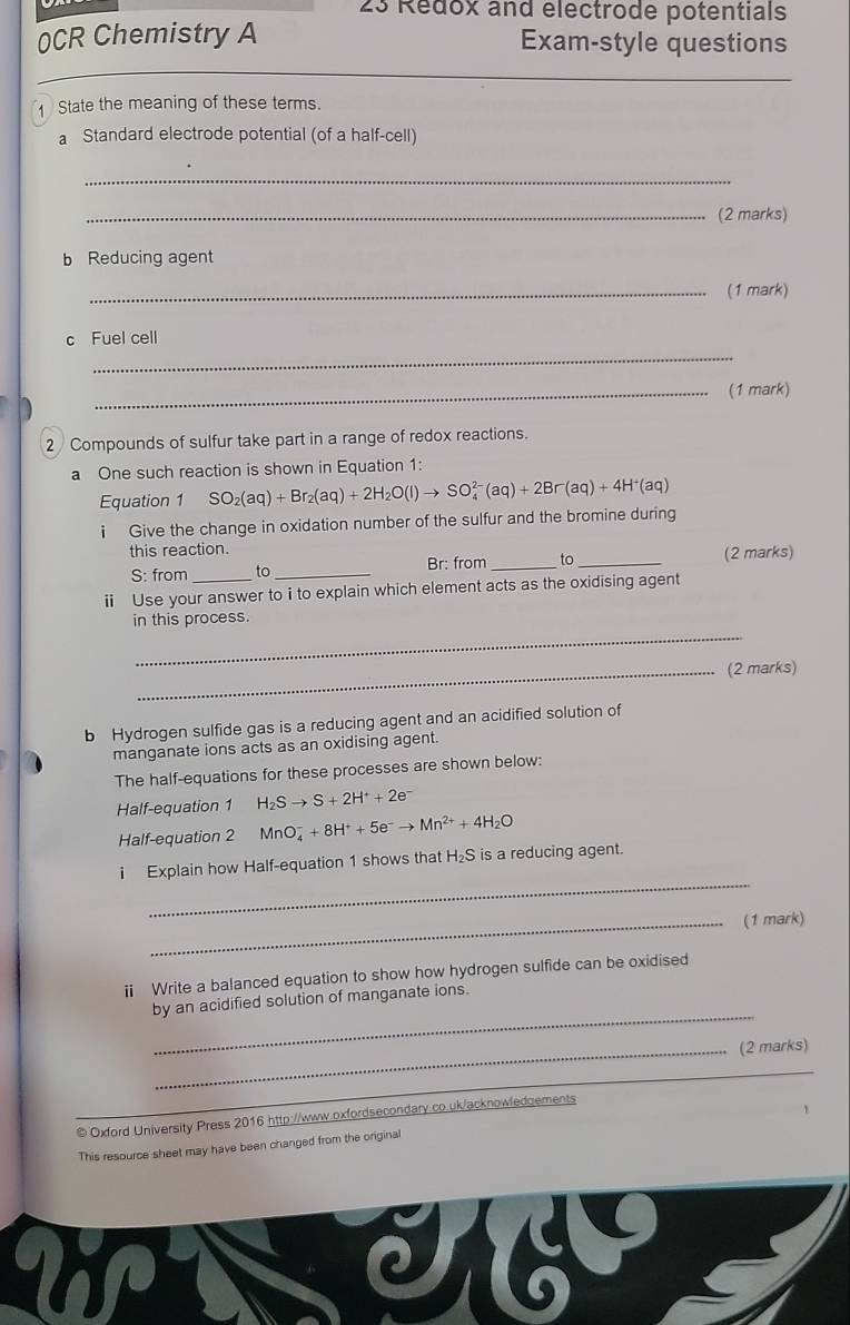 Solved: Redox and electrode potentials 0CR Chemistry A Exam-style ...