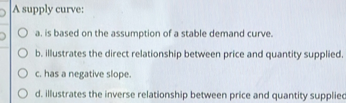 Solved: A supply curve: a. is based on the assumption of a stable ...