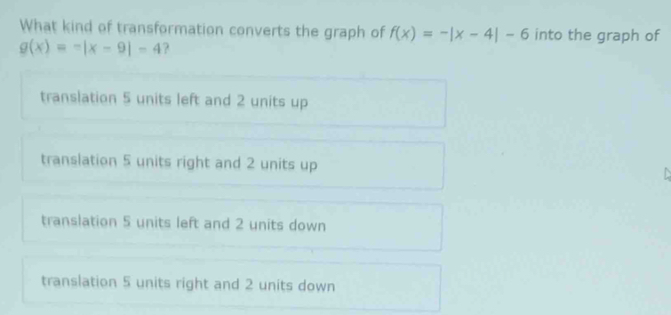 Solved: What kind of transformation converts the graph of f(x)=-|x-4|-6 ...