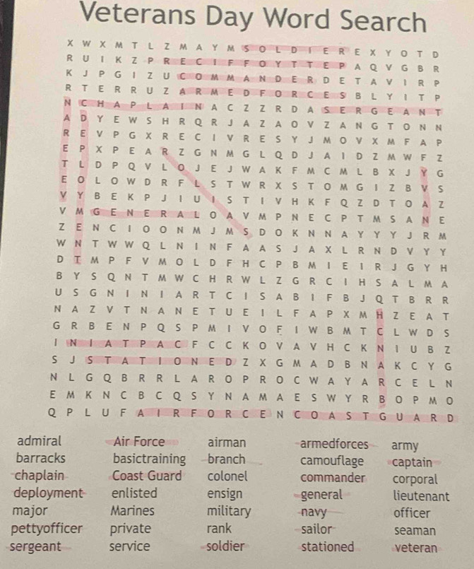 Solved: Veterans Day Word Search XW X M T L Z M A Y M S O L D I E R E X ...