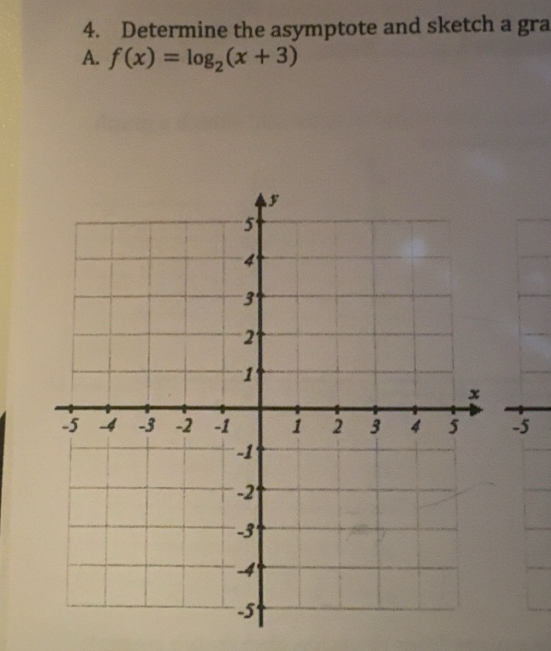Solved: Determine the asymptote and sketch a gra A. f(x)=log _2(x+3) -5 ...