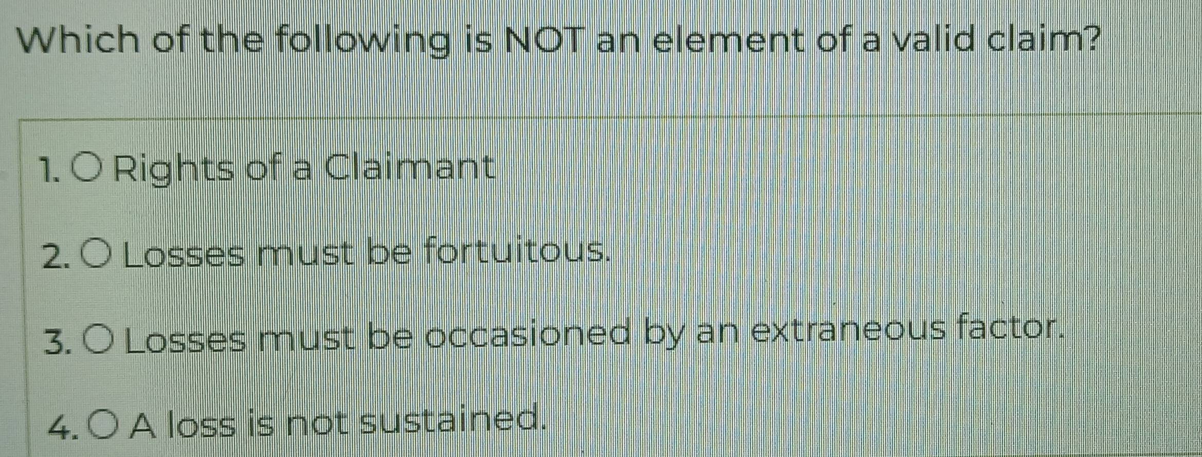 Solved: Which of the following is NOT an element of a valid claim? 1. 〇 ...
