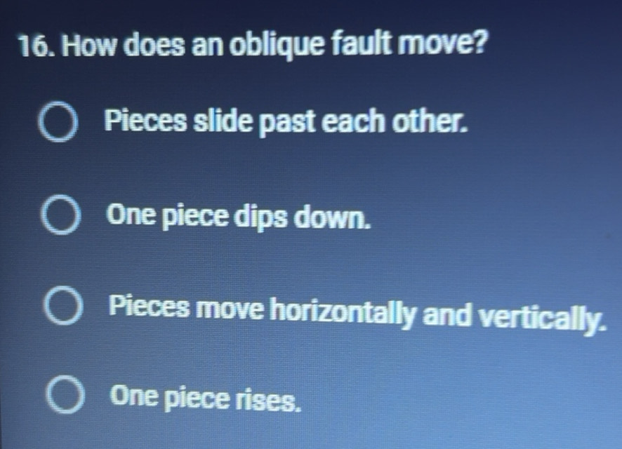 Solved: How does an oblique fault move? Pieces slide past each other ...