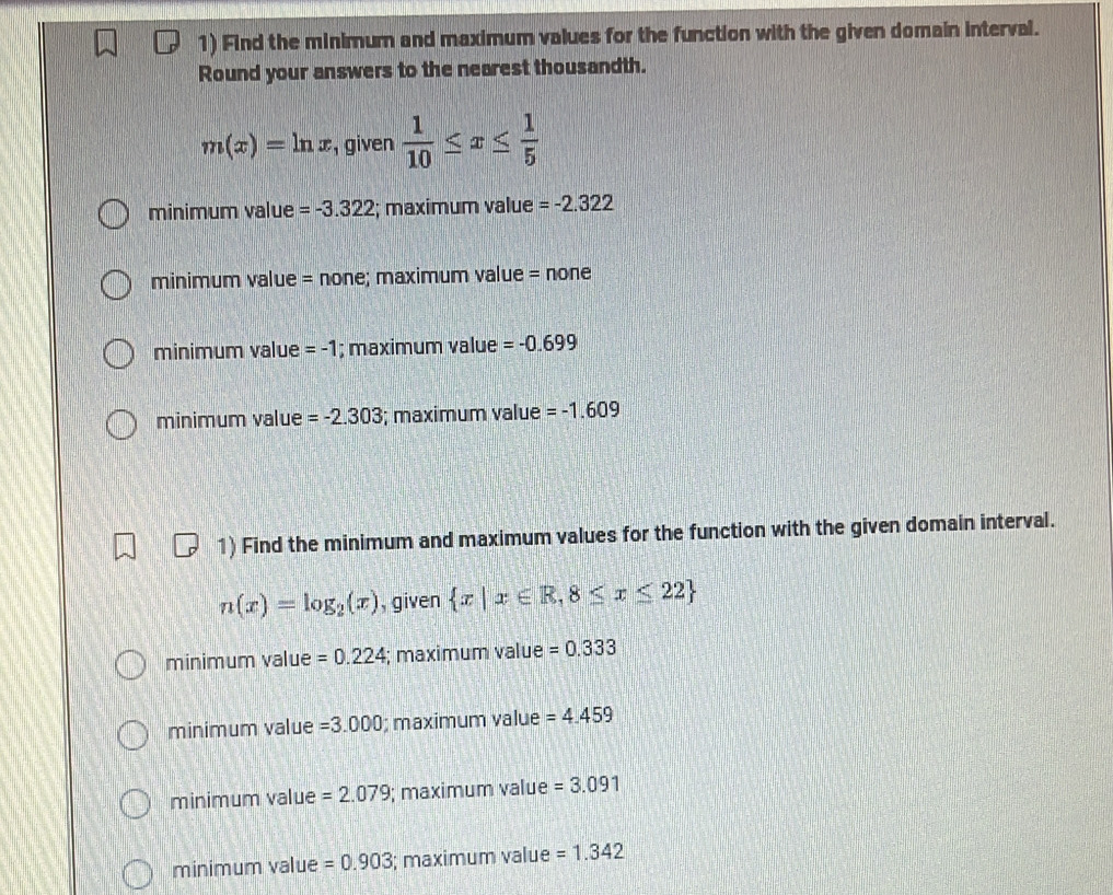 Solved: Find the minimum and maximum values for the function with the ...
