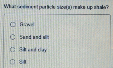 Solved: What sediment particle size(s) make up shale? Gravel Sand and ...