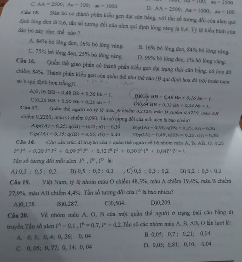 Giải quyết:nno,na-100;aa=2500 C. AA=2500;Aa=100;aa=1000 D. AA=2500;Aa ...