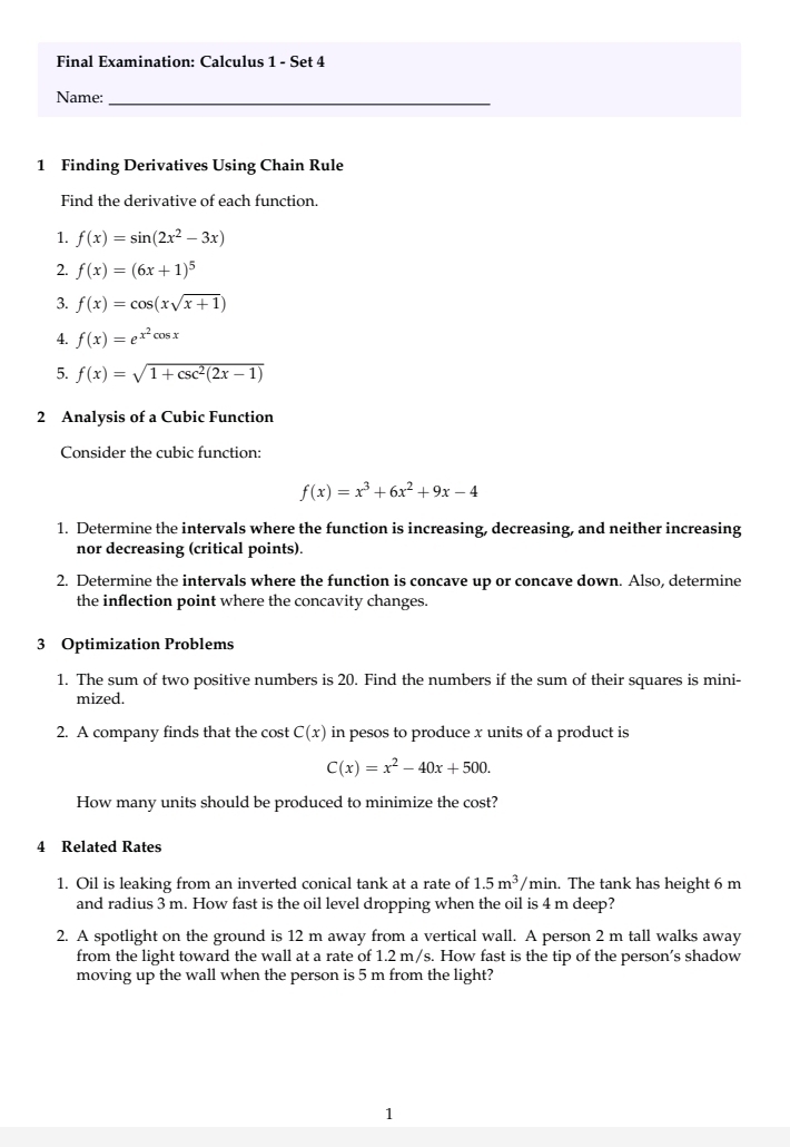 Solved: Final Examination: Calculus 1 - Set 4 Name:_ 1 Finding ...