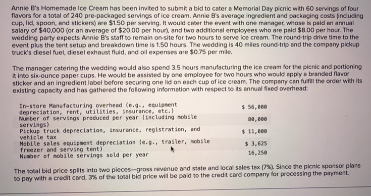 Solved: Annie B's Homemade Ice Cream has been invited to submit a bid ...