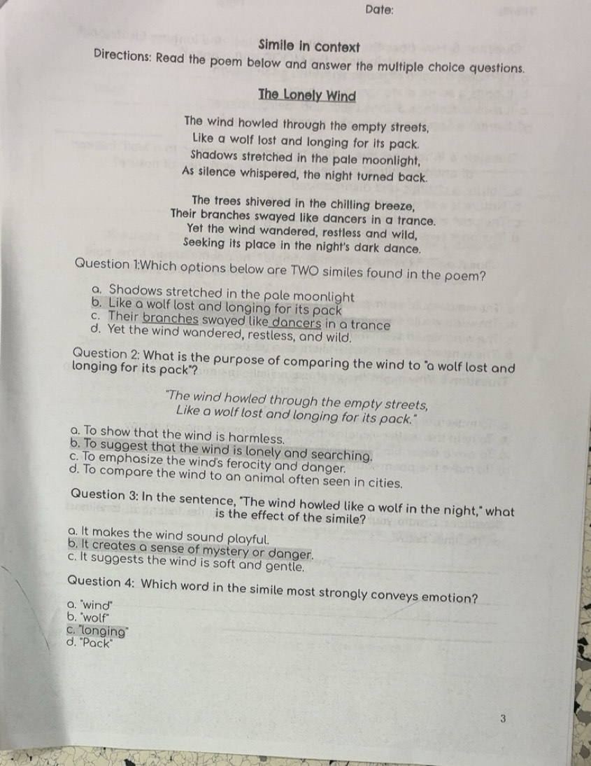 Solved: Date: Simile in context Directions: Read the poem below and ...