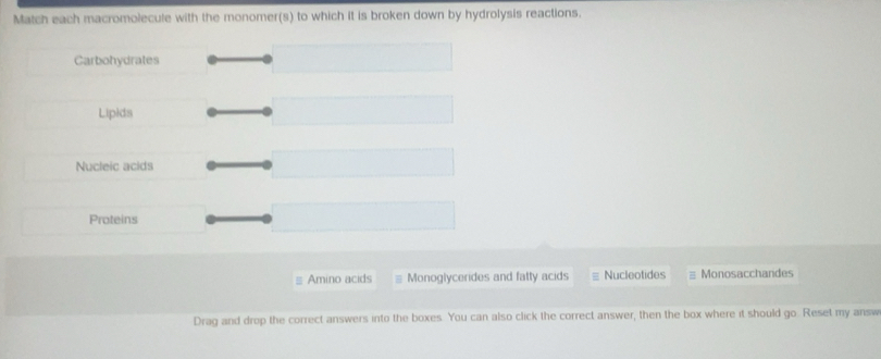Solved: Match each macromolecule with the monomer(s) to which it is ...
