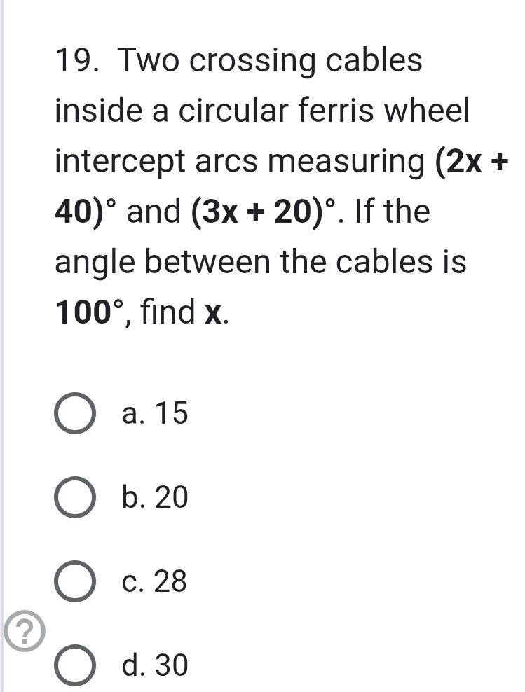 Solved: Two crossing cables inside a circular ferris wheel intercept ...