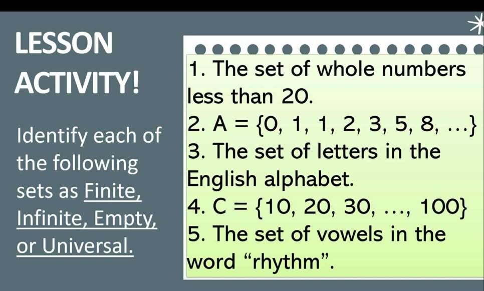 Solved: LESSON ACTIVITY! 1. The set of whole numbers less than 20. 2 ...