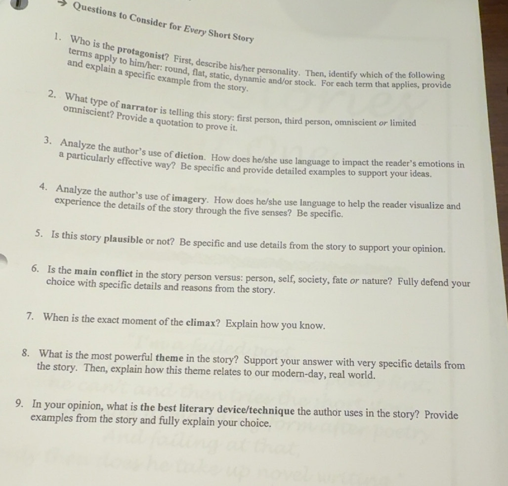 Solved: Questions to Consider for Every Short Story 1. Who is the ...