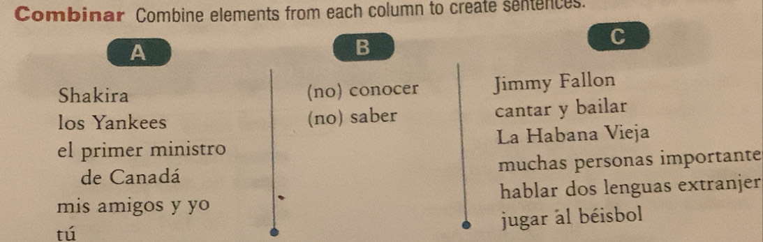 Solved: Combinar Combine elements from each column to create sentences ...