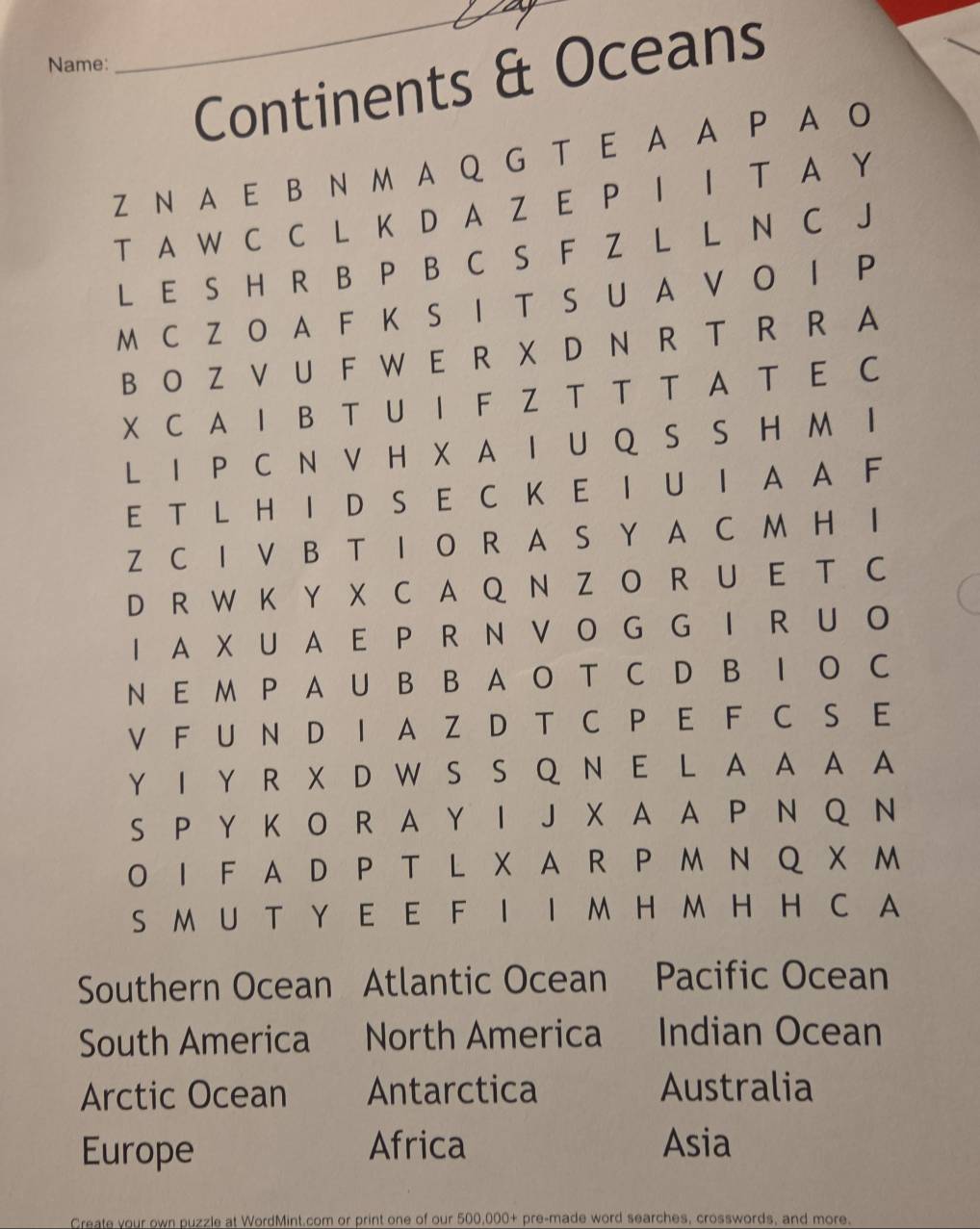 Solved: Name: _ Continents & Oceans Z NAE B N M A QG T E A A P A O T A ...