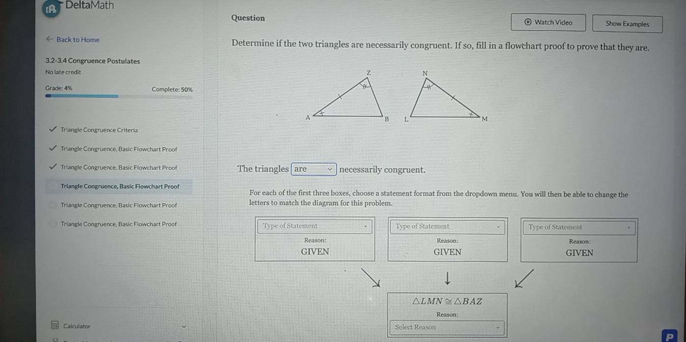 Solved: [A DeltaMath Question © Watch Video Show Examples ← Back to ...