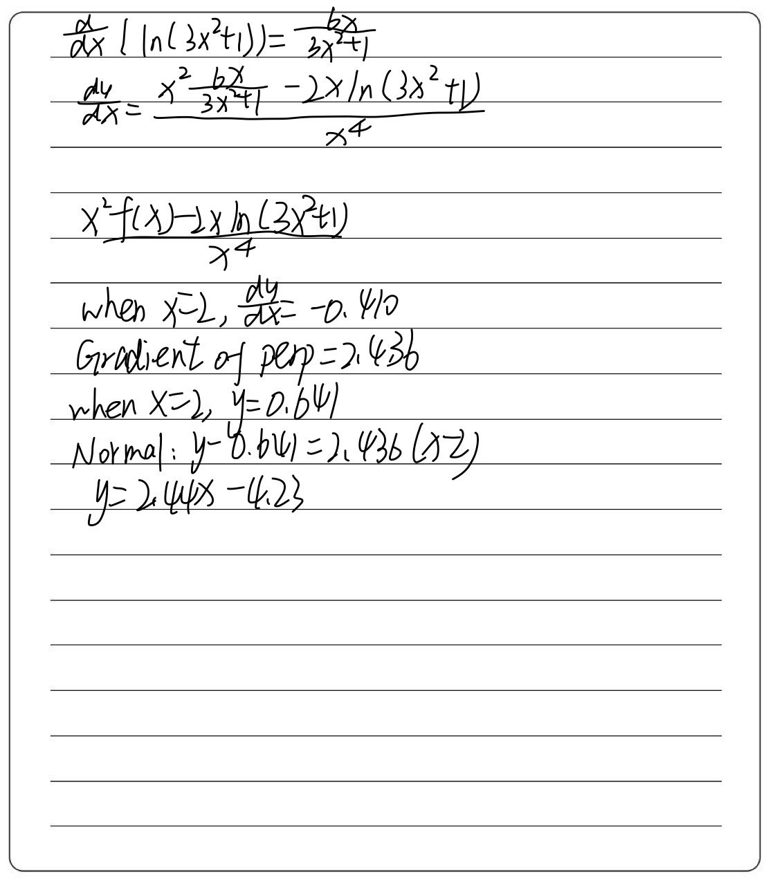 Solved: Find the equation of the normal to the curve y= (ln (3x^2+1))/x ...
