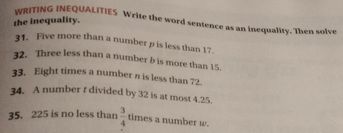 Solved: the inequality. WRITING INEQUALITIES Write the word sentence as ...
