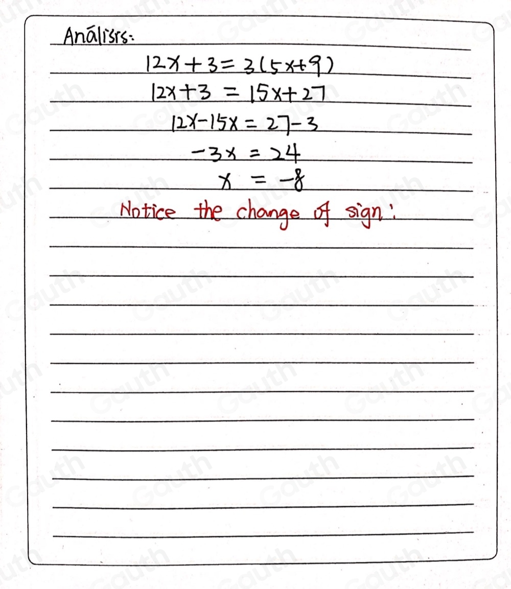 Solved: 12x-4 D(JA) Roberto 12x+3+3(5x+9) 12x+3=15x+27 27x+3=27 27x=24 ...